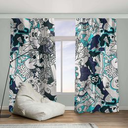 Vorhang Graffiti Art Skater Doodle - blickdichte Gardine Illustration Sport Street Art Wohnzimmer Schlafzimmer Jugendzimmer Blau