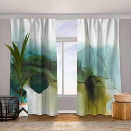 Vorhang Goldener Waldspaziergang - blickdichte Gardine Abstrakt Aquarell Kunstdruck Muster Wohnzimmer Schlafzimmer K&uuml;che Bad Badezimmer Petrol