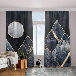 Vorhang Goldener Mond abstrakte schwarze Berge - blickdichte Gardine Abstrakt Aquarell Kunstdruck Wohnzimmer Schlafzimmer K&uuml;che Bad Badezimmer Blau