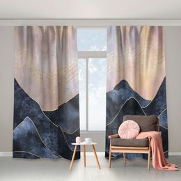 Vorhang Goldene Dämmerung über Gebirge - blickdichte Gardine Abstrakt Aquarell Kunstdruck Wohnzimmer Schlafzimmer Küche Bad Badezimmer Blau