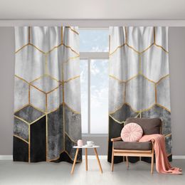 Vorhang Goldene Sechsecke Schwarz Wei&szlig; - blickdichte Gardine Abstrakt Aquarell Kunstdruck Muster Schwarz-Wei&szlig; Wohnzimmer Schlafzimmer K&uuml;che Bad