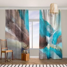 Bilderwelten Vorhang Abstraktes Farbenspiel mit Blau - blickdichte Gardine Abstrakt Aquarell Kunstdruck Wohnzimmer Schlafzimmer K&uuml;che Bad Badezimmer Bunt