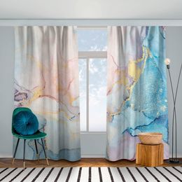 Vorhang Aquarell Pastell Bunt mit Gold - blickdichte Gardine Aquarell Kunstdruck Wohnzimmer Schlafzimmer Küche Bad Badezimmer Pastell