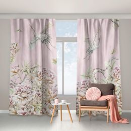 Bilderwelten Vorhang Aquarell Störche im Flug mit Rosen auf Rosa - blickdichte Gardine Aquarell Illustration Tiere Blumen Floral Wohnzimmer Schlafzimmer Küche Bad