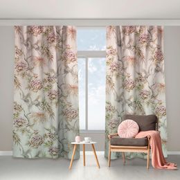 Bilderwelten Vorhang Aquarell Vögel mit großen Blüten in Ombre - blickdichte Gardine Aquarell Illustration Muster Blumen Floral Tiere Wohnzimmer Schlafzimmer
