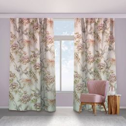 Vorhang Aquarell V&ouml;gel mit gro&szlig;en Bl&uuml;ten in Ombre - blickdichte Gardine Aquarell Illustration Muster Blumen Floral Tiere Wohnzimmer Schlafzimmer