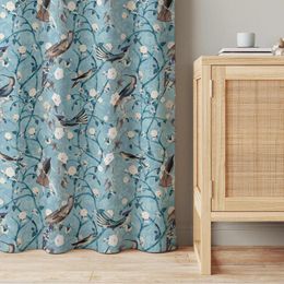 Vorhang Blaue Blumenranken mit V&ouml;geln - blickdichte Gardine Landhausstil Muster Blumen Floral Tiere Wohnzimmer Schlafzimmer K&uuml;che Bad Badezimmer Blau