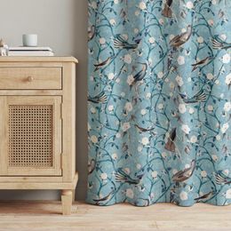 Bilderwelten Vorhang Blaue Blumenranken mit V&ouml;geln - blickdichte Gardine Landhausstil Muster Blumen Floral Tiere Wohnzimmer Schlafzimmer K&uuml;che Bad Badezimmer Blau