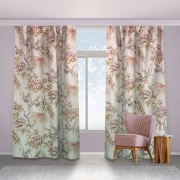 Vorhang Aquarell V&ouml;gel mit gro&szlig;en Bl&uuml;ten in Ombre - blickdichte Gardine Aquarell Illustration Muster Blumen Floral Tiere Wohnzimmer Schlafzimmer
