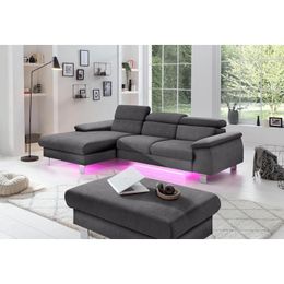 COTTA Ecksofa »Komaris L-Form, B: 244 cm« mit Kopfteilverstellung, optional Bettfunktion, Bettkasten & Licht grau