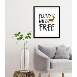 queence Bild &raquo;Young Wild Free&laquo; Hirsch Hirschbilder Motivationsbilder Schriftzug Spr&uuml;che & Texte Stadt 1 Stk. tlg. gerahmt schwarz Acrylglas, Holz, 