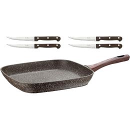 Pinti Inox PINTINOX Grillpfanne »Chalet« Aluminium Set, 5 Stk. tlg. 28x28 cm, Induktionsgeeignet, inkl. 4 Steakmesser braun