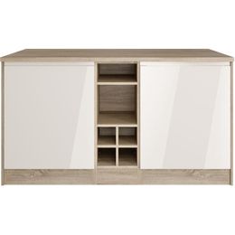 KOCHSTATION K&uuml;cheninsel &raquo;KS-Virginia&laquo; Breite 153 cm, MDF-Fronten, Flaschenregal K&uuml;che: wei&szlig; + Front: creme Hochglanz + Korpus: eiche sonoma +...