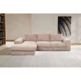 WERK2 Ecksofa &raquo;Rozzana Design Ecksofa mit hohem Komfort, zeitlos & elegant, L-Form,&laquo; in kuschelweichen Trendstoffen Cord, Breitcord und Pl&uuml;sch beige 