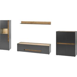Inosign Wohnwand »Giron« grau/Wotan Eiche Set besteht aus 1 Highboard, 1 Lowboard, 1 Vitrine und 1 Wandregal