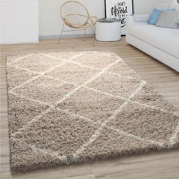 Paco Home Hochflor-Teppich &raquo;Kalmar 441&laquo; rechteckig 40 mm H&ouml;he Scandi Design, Rauten Muster, weich & kuschelig, Kundenliebling beige Obermaterial:...
