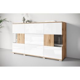Inosign Sideboard »Kenia« 1 Stk. tlg. Sideboard mit 3 Schubladen, 6 Fächern, Glastüren, Breite 150 cm eichefarbe Votan/ weiß Hochglanz
