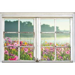queence Leinwandbild &raquo;Blumenwiese&laquo; Blumenwiese Fensterblick Natur Wiesen & B&auml;ume 1 Stk. tlg. Premium-Leinwandstoff bunt Canvas, Holzrahmen