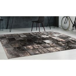 Arte Espina Teppich &raquo;Voila 100&laquo; rechteckig 5 mm H&ouml;he handgen&auml;hter Flachflor-Teppich im Patchwork-Design. schwarz Rindsleder