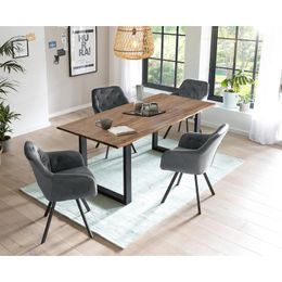 Salesfever Essgruppe »Stilvolle Essgruppe« Set, 5 Stk. tlg. 5-teilige Sitzgruppe mit 360° Drehplatte und echter Baumkante Walnuss, Grau, Schwarz +...