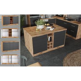 KOCHSTATION K&uuml;cheninsel &raquo;KS-Luhe, Breite 153 cm, mit Flaschenregal&laquo; MDF-Fronten, Arbeitsplatte 38mm stark K&uuml;che: grau + Front: matt grau +...