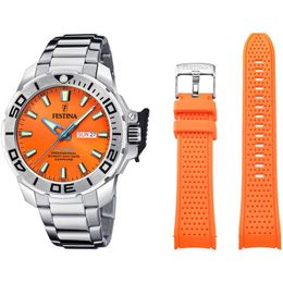 Festina Taucheruhr »The Originals/Diver« Armbanduhr, Quarzuhr, Herrenuhr, Geschenkidee, Edelstahlarmband silberfarben-orange Mondäne Taucheruhr für...