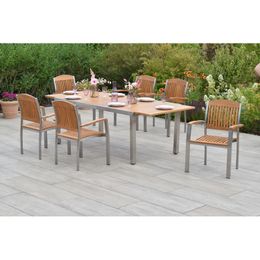 Merxx Garten-Essgruppe »»Keros«« Set, Geöltes Akazienholz, Edelstahlgestell, 7 Stk. tlg. Ausziehtisch: LxB: 180-240 x 100 cm natur + natur + silber