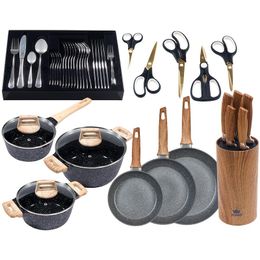King Topf-Set »Essential 21« Aluminiumguss Set, 3Töpfe, 5Messer, Messerblock, 3Pfannen, Etui, Menü-+Kuchenbesteck, 5Schere, 51 Stk. tlg. Holzoptik,...