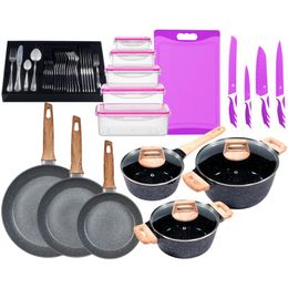King Topf-Set »»ESSENTIAL« Aluminium, Induktion, Antihaftbeschichtung« Aluminiumguss Set, 2 Töpfe, 1 Stieltopf, 3 Glasdeckel, 1 Besteck-Set + Etui,...