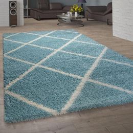 Paco Home Hochflor-Teppich &raquo;Kalmar 441&laquo; rechteckig 40 mm H&ouml;he Scandi Design, Rauten Muster, weich & kuschelig, Kundenliebling t&uuml;rkis Obermaterial:...