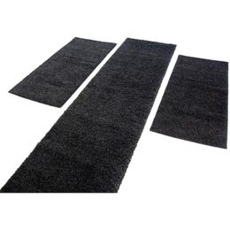 Carpet City Bettumrandung &raquo;Shaggi uni 500&laquo; H&ouml;he 30 mm 3 Stk. tlg. Shaggy Bettvorleger, Uni-Farben, L&auml;uferset Langflor, Weich schwarz Obermaterial:...