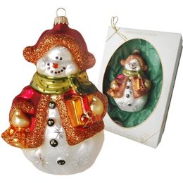 KREBS GLAS LAUSCHA Christbaumschmuck »Schneemann mit Geschenken u. Glocke, Weihnachtsdeko, Christbaumschmuck« mundgeblasen weiß-rot-bunt-goldfarben