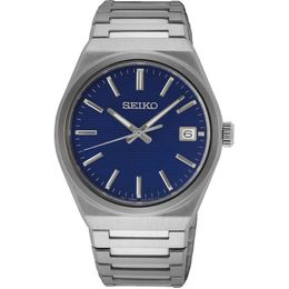 Seiko Quarzuhr Armbanduhr, Herrenuhr, Damenuhr, Datum, Saphirglas, Edelstahlarmband silberfarben-dunkelblau Modische Uhr für Sie & Ihn