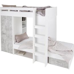 Begabino Hochbett &raquo;MAXI&laquo; mit 2 Liegefl&auml;chen, Kleiderschrank und Regalen wei&szlig;/betonfarben