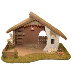 ALFRED KOLBE Krippe &raquo;Krippenstall ohne Trafo&laquo; mit Laterne, Busch, Lagerfeuer, Holz braun