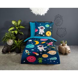 PURE luxury collection Kinderbettw&auml;sche &raquo;Planets&laquo; 2 Stk. tlg. 135x200, Pflegeleicht, Rei&szlig;verschluss, Wende, Kind Junge, Weltall Blau blau Microfaser, 