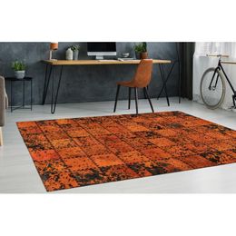Arte Espina Teppich &raquo;Voila 100&laquo; rechteckig 5 mm H&ouml;he handgen&auml;hter Flachflor-Teppich im Patchwork-Design. orange Rindsleder