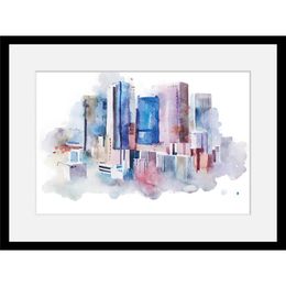 queence Bild &raquo;Stadt in Aquarellfarben&laquo; Geb&auml;ude Himmel Kunst Stadt St&auml;dte HD Premium Poster-Druck inkl. Holzrahmen Farbe Rahmen: schwarz +...