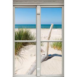 queence Leinwandbild &raquo;Langeoog&laquo; D&uuml;ne Fensterblick Gr&auml;ser Meer Natur 1 Stk. tlg. Premium-Leinwandstoff beige Canvas, Holzrahmen