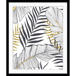 queence Bild &raquo;Aneshka&laquo; Bl&auml;tter Kunst Modern Pflanzen HD Premium Poster-Druck inkl. Holzrahmen Farbe Rahmen: schwarz + Farbe Bild(er): gold-wei&szlig;