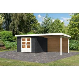Karibu Gartenhaus &raquo;Schlo&szlig;see 5&laquo; mit Anbaudach, R&uuml;ckwand und Fu&szlig;boden im Haus anthrazit