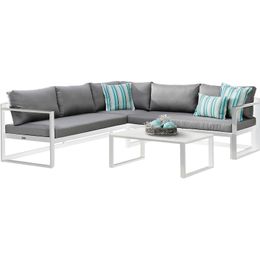 Best Loungeset »Rhodos« Set, 15 Stk. tlg. ehend aus 2 Sitzbänken, 1 Tisch und 12 Kissen weiß – grau + Obermaterial: 60% Polyurethan, 40% Polyester 0