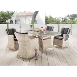 Destiny Garten-Essgruppe »LUNA« Set, 13 Stk. tlg. Polyrattan, 4 Sessel, Tisch 200x100x75 cm, inkl. Auflagen vintageweiß/hellgrau/anthrazit +...