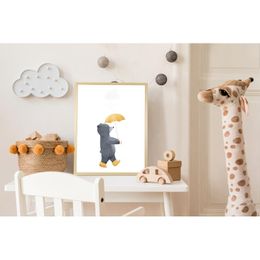 queence Bild mit Rahmen &raquo;B&auml;r mit Regenschirm&laquo; B&auml;r B&auml;ren Fantasy Teddy Tiere 1 Stk. tlg. HD Premium Posterdruck mit Echtholzrahmen gelb Holz, Plexiglas