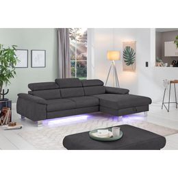 COTTA Ecksofa »Komaris L-Form, B: 244 cm« mit Kopfteilverstellung, optional Bettfunktion, Bettkasten & Licht grau