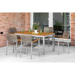 Merxx Garten-Essgruppe »Silano« 7 Stk. tlg. 6 Stapelsessel mit Armlehnen, Tisch, Akazienholz/Aluminiumgestell grau-beige +