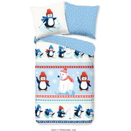 Good Morning Kinderbettw&auml;sche &raquo;Penguins&laquo; 2 Stk. tlg. Biber, 135x200, Warm, Weich, Wendeoptik, Rei&szlig;verschluss, Winter, Kind blau Flanell, Obermaterial: