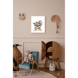 L&uuml;ttenh&uuml;tt Bild mit Rahmen &raquo;oder Poster, Faultier mit Blumenkranz&laquo; Fantasy Faultier Tiere 1 Stk. tlg. HD Premium Druck bunt Holz, Plexiglas