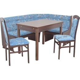 HOFMANN LIVING AND MORE Eckbankgruppe Spar-Set, 4tlg. Set, 4 Stk. tlg. Eckbank mit Stauraum unter den Sitzflächen Blau + blau + Nussbaum-Nachbildung