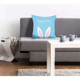 queence Dekokissen &raquo;Happy Easter blue&laquo; mit einem &ouml;sterlichen Schriftzug babyblau + bedruckt Obermaterial: 100% Polyester B/L: 40 cm x 40 cm